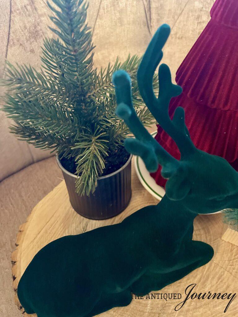 Christmas Vignette With Velvet and Pinecones - The Antiqued Journey