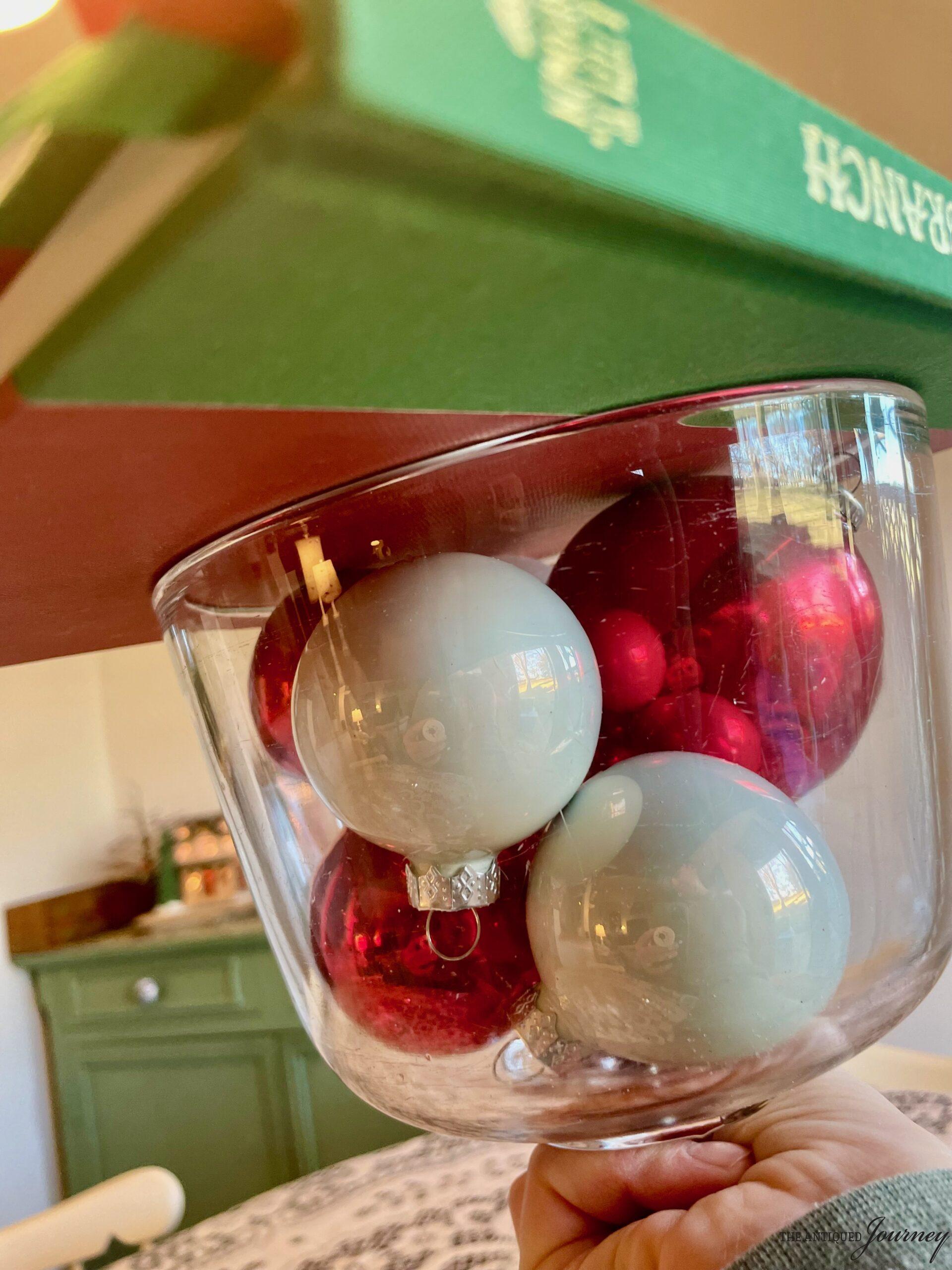 Easy Christmas Centerpiece With Ornaments - The Antiqued Journey