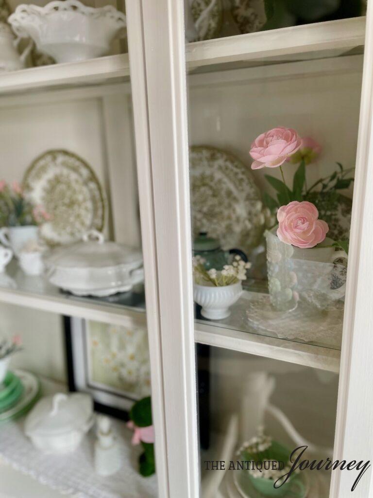Vintage Spring Decor Styled in a Hutch - The Antiqued Journey
