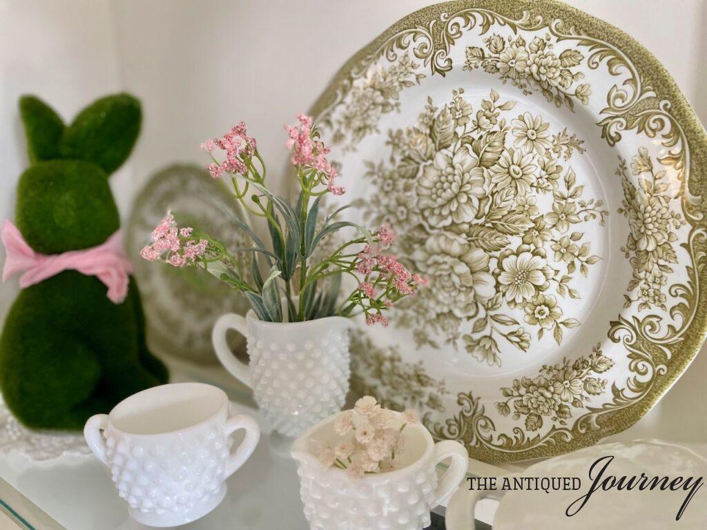 Vintage Spring Decor Styled in a Hutch - The Antiqued Journey