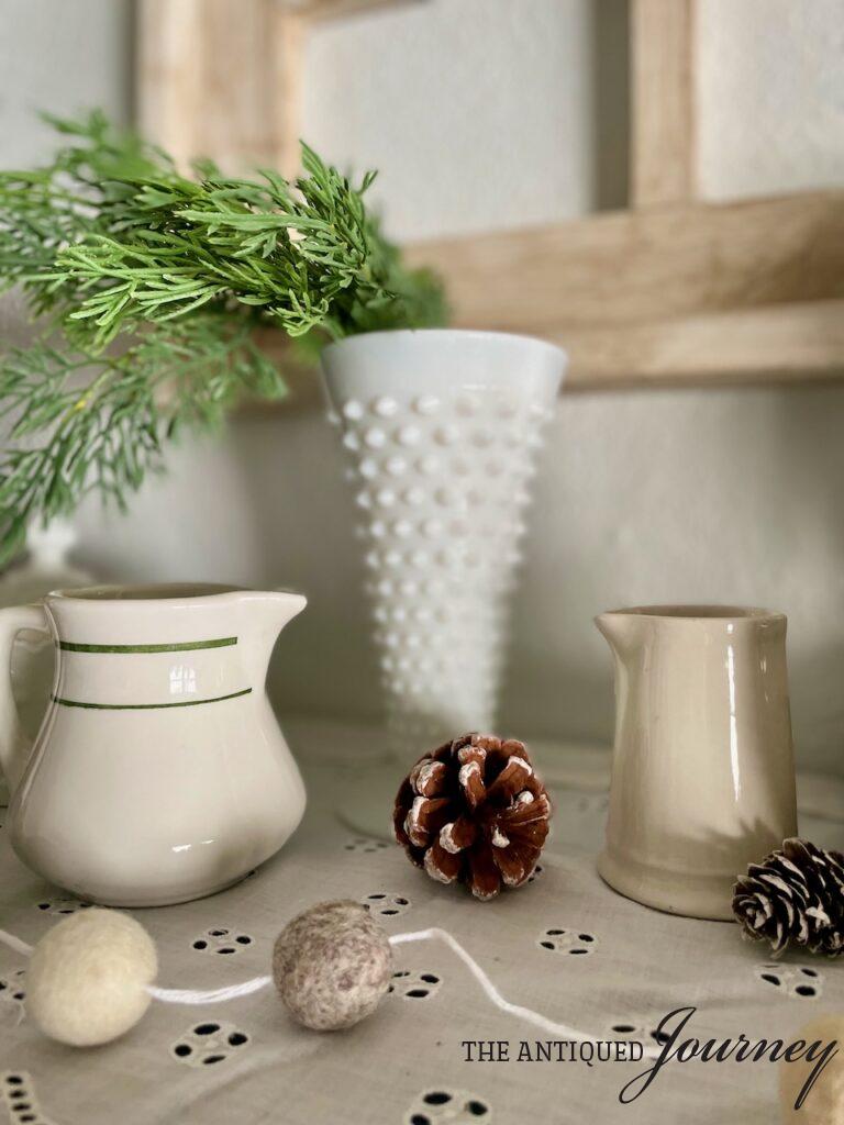 Living Room Winter Decor with Vintage Milk Glass - The Antiqued Journey