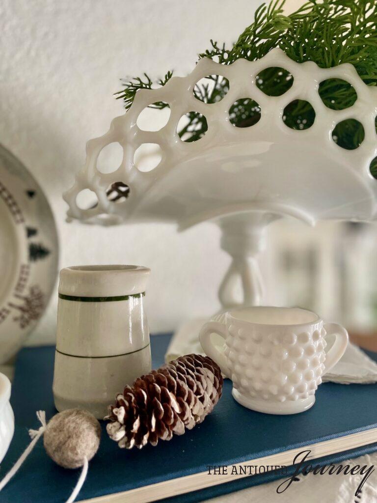 Living Room Winter Decor with Vintage Milk Glass - The Antiqued Journey