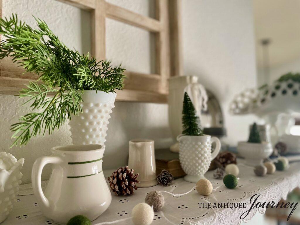 Living Room Winter Decor with Vintage Milk Glass - The Antiqued Journey
