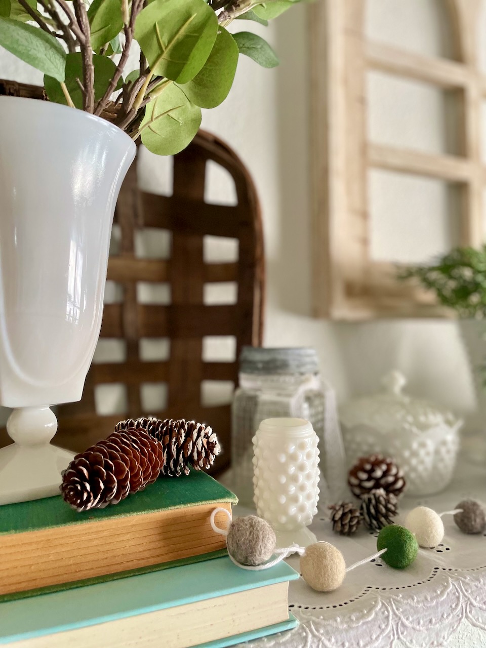 Living Room Winter Decor with Vintage Milk Glass - The Antiqued Journey