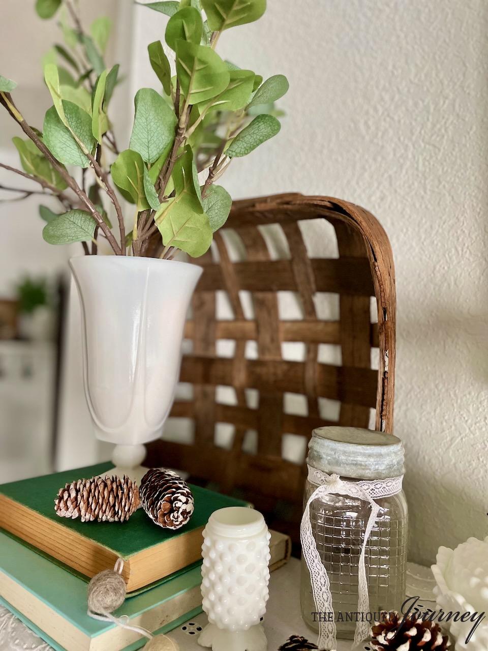 Living Room Winter Decor with Vintage Milk Glass - The Antiqued Journey